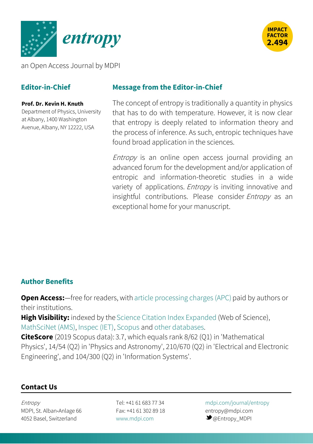 Call for papers on «Machine/Statistical Learning and Modeling» in journal «Entropy» (JCR impact ...